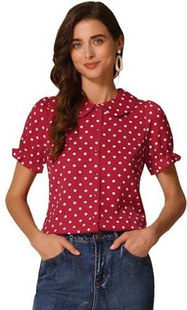Allegra K Chemise à Manches Courtes Bouffante à col de poupée Vintage à Pois pour Femmes Bordeaux XL