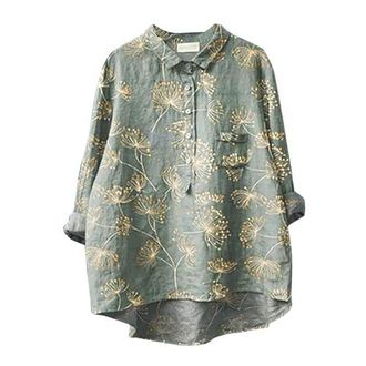 Generic Chemisier Femmes Coton Et Lin Chic D&eacute;contract&eacute; Chemises D&eacute;t&eacute; &Agrave; Manches Longues Col V L&acirc;che Tops L&eacute;ger Respirant Tunic Mode Coton Et Lin Chic Et Elegan