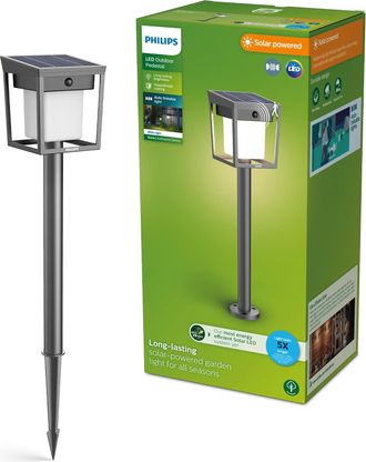 Philips Outdoor Ultra-Efficient Solar Blaise Sockelleuchte 1.5W, Linkable Funktion, Tageslicht- und Bewegungssensor, 3000 Kelvin, IP44, anthrazit