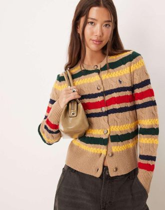 Polo Ralph Lauren Gilet &agrave; rayures et logo embl&eacute;matique en laine m&eacute;lang&eacute;e - Camel-Neutre