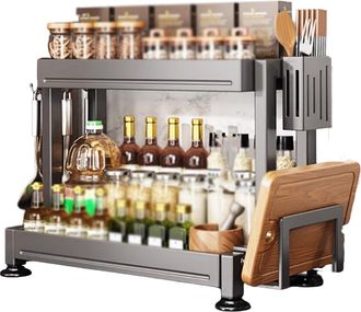 Generic Küchenregal, Gewürzregal aus Metall for die Arbeitsplatte, doppellagig, mit Schneidebrett, Topfdeckelregal und Messer- und Gabeleimer(34cm)