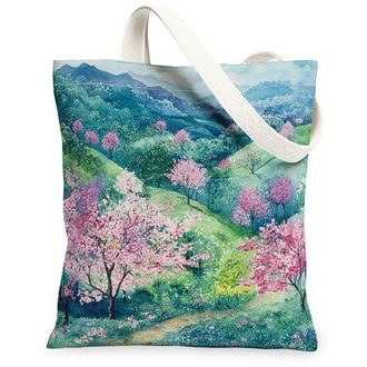 Generic Sac fourre-tout en toile r&eacute;utilisable pour le shopping, 33 x 38 cm, motif fleurs de campagne, arbre d&eacute;picerie, sac d&eacute;picerie r&eacute;utilisable pour femme, 