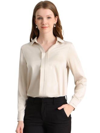 Allegra K Damen Satin Bluse Langarm Hemdkragen V-Ausschnitt Elegant Business Shirt Aprikose XL