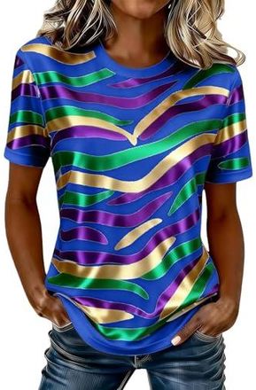Generic T-shirt d&eacute;contract&eacute; &agrave; manches courtes et col rond pour femme - Imprim&eacute; abstrait &agrave; rayures color&eacute;es - T-shirt d&eacute;t&eacute; doux et extensible pour le travail, 