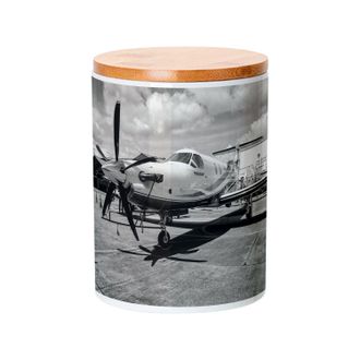 Fabulous Keramiktopf mit Deckel Bambus - Propeller Flugzeug Foto Schwarz und Wei&szlig; Tarmac - 739 ml (25 oz) - Topf