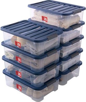 Sundis Wave Box, 9er-set Aufbewahrungsboxen mit deckel, 25L, mit clips, transparentem Kunststoff, stapelbar, ideal zum Aufbewahren unter dem Bett, im Ankleid
