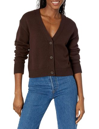 Amazon Essentials Damen Kurzer Cardigan mit V-Ausschnitt in lockerer Passform, Espresso, XS