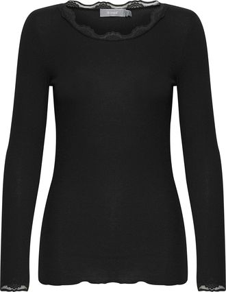 Fransa FRHIZAMOND 2 Damen Longsleeve Langarmshirt Shirt Spitzendetails an den &Auml;rmeln Saum Kragen Tight Fit mit Stretch, Gr&ouml;&szlig;e:2XL, Farbe:(NOOS) Black (60096)