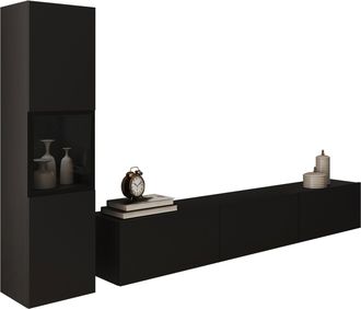 Mirjan24 Wohnwand Bentlor I, Mediawand, Schrankwand, im Set Vitrine, TV-Lowboard, Anbauwand kann aufgestellt BZW. aufgeh&auml;ngt Werden (Schwarzer Graphit, ohne Be