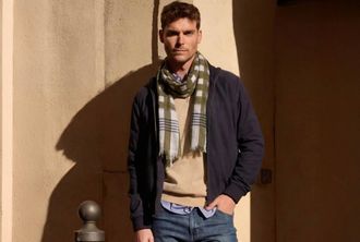 Bexley Ch&egrave;che Lin Coton II - Echarpes homme ecru motif kaki et bleu marine