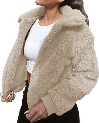 Generic Manteau court en fausse fourrure pour femme, veste d&eacute;contract&eacute;e &agrave; poils longs avec poches, v&ecirc;tement dext&eacute;rieur chaud et moelleux avec fermeture &eacute;clai