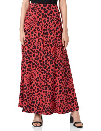 Love Moschino Damen lopng Skirt with animalier Allover Print, Red Black, 40 EU