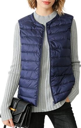 Generic Gilet bouffant l&eacute;ger sans col pour femme avec fermeture &eacute;clair - Pliable, bleu marine, 7XL