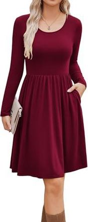 Zeagoo Robe &agrave; manches longues et col rond pour femme - Robe tunique &eacute;l&eacute;gante - Robe midi - Avec poches, rouge bordeaux, XXL