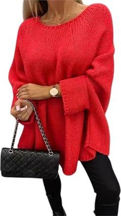 Generic Cape en tricot &eacute;l&eacute;gante pour femme - Pull surdimensionn&eacute; &agrave; manches chauve-souris - Pull ample pour un usage quotidien d&eacute;contract&eacute;, Rouge, XXL-6XL