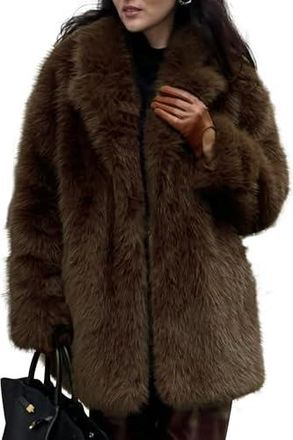 Generic Manteaux en fausse fourrure pour femmes vestes chaudes mi-longues &agrave; manches longues revers hiver v&ecirc;tements dext&eacute;rieur moelleux manteau parka hirsute (