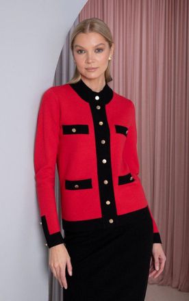 Passioni Strickjacke mit Stehkragen in Rot und Schwarz und goldenen Kn&ouml;pfen