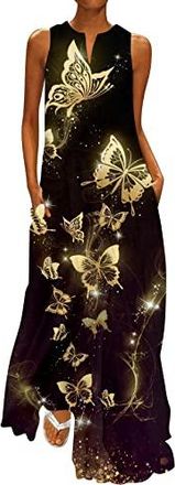 Generic Robe dété décontractée sans manches avec col en V et poches pour femme, robe dété longue décontractée avec poches, robe de plage, marche, fête dannive