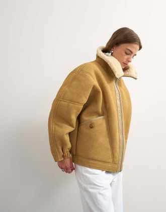 Topshop veste en peau retourn&eacute;e ovale camel-Marron