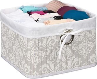 Relaxdays Aufbewahrungskorb Bambus, mit Stoffeinsatz, Bad, HxBxT: 20x31x31 cm, faltbarer Regalkorb, viereckig, grau-wei&szlig;