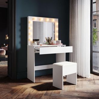 Sonni Schminktisch mit Spiegel und 12 LED-Glühbirnen, drei Lichtmodis wechseln, Schminkkommode, Frisiertisch mit 1 Schublade und Hocker, Weiß - Sonni