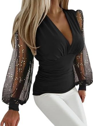 Generic MJGkhiy Chemise Femme &Eacute;l&eacute;gante Paillettes Argent Manches Longues Tops Glitter Or C&eacute;r&eacute;monie Maille Curvy Col en V Blouse Grandes Tailles Sequins T-Shir