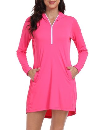 HDE Strandvertuschung f&uuml;r Damen, LSF 50, lang&auml;rmelig, mit Kapuze, Knallpink (Hot Pink), Medium