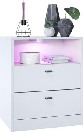 Vladon Kommode Pino V1, Made in Germany, Nachttisch mit 2 Schubladen & 1 offenem Fach, Weiß matt/Weiß matt mit LED RGB (56 x 67,5 x 36 cm)