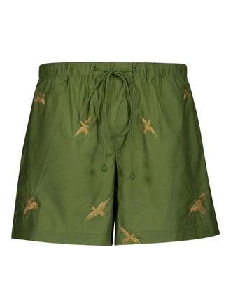 Baziszt Shorts mit Vogelstickerei - Gr&uuml;n