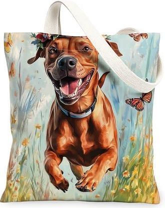 Generic Sac fourre-tout en toile motif chien Rhodesian Ridgebacks printaniers 33 x 38 cm, motif papillons amusants, sac d&eacute;picerie r&eacute;utilisable pour femme, pei