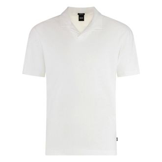 HUGO BOSS Homme, Tops, Blanc, Taille: S Polo en Lin et Coton avec Fentes Lat&eacute;rales