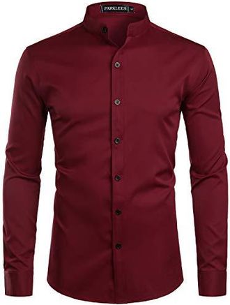 PARKLEES Chemise à manches longues pour homme - Couleur unie - Coupe ajustée - Facile à repasser - Col montant - Pour affaires - Loisirs, Bordeaux, XXL