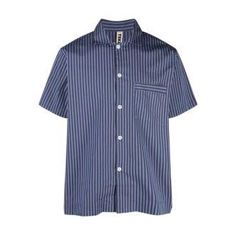 Tekla Verneuil Stripes Baumwollpopeline - Pyjama Kurzarmhemd - - Shirts - Herren - Blau - S