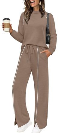 OLIPHEE Trainingsanzug Damen Set 2 Teiler Herbst Winter Jogginganzug Damen Outdoor Zweiteilig Lounge Set Langarm Sweatshirt und Weite Hose Tracksuit Frauen Fr