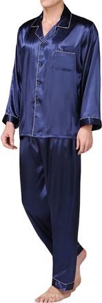 AlltheMen Herren Satin Pyjama Schlafanzug Lang Hausanzug Nachtwäsche Langarm Shirt und Pyjamahose 89002 Blau1 XXL