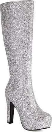 Generic Bottes hautes &agrave; paillettes scintillantes pour femme - Bout rond - Talon bloc &eacute;pais - Fermeture &eacute;clair lat&eacute;rale - Chaussures de f&ecirc;te de mariage, Argent