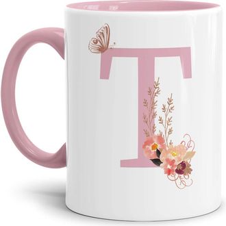 Tassendruck Buchstaben-Tasse mit Blumen - Buchstabe T - Innen & Henkel Rosa - Mug/Cup/Becher/Edel/Geschenk-Idee/Beste Qualität - 25 Jahre Erfahrung