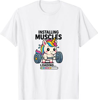 Hello Kitty Einhorn Training Cartoon Installing Muscles mit Gym Hantel T-Shirt