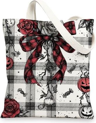 Generic Sacs fourre-tout vintage en toile motif floral rose et citrouille, sacs de courses réutilisables, légers et lavables, Rouge, 13x15 Inch