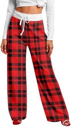 Generic Pantalon &agrave; jambe large pour femme - Taille haute - Jambe droite - Pantalon d&eacute;t&eacute; l&eacute;ger &agrave; carreaux - Pantalon de pyjama d&eacute;contract&eacute; et doux - Pantalon d