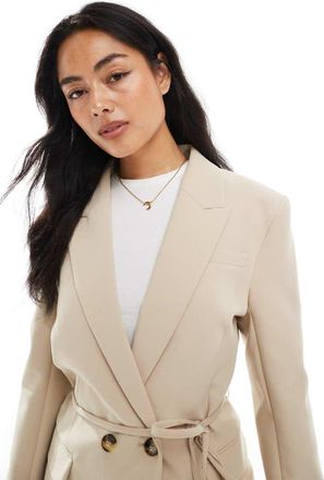 Asos Taillierter Blazer in Camel mit Bindegürtel-Neutral
