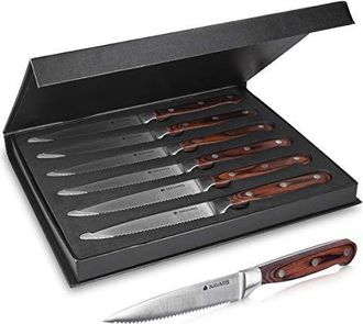 Navaris Lot 6x Couteau &agrave; Steak - Coffret Couteaux de Table &agrave; Dents avec Manche en Bois et Lame en Inox pour Viande - Bo&icirc;te Cadeau Rangement Incluse