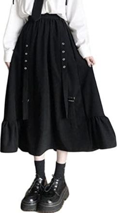 Minetom Femmes Gothique Jupe Punk E-Girl Y2K Ecolières Chaîne Long Jupe A-Ligne Irrégulier Cool Jupe À Bretelles Streetwear B Noir XXL