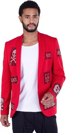 Kingz DISTRIQT Herren Sakko mit Strass veredelt, Herren Blazer Designer Jacke, Totenkopf Sakko, Blazer Skull 2291-1 Rot 46