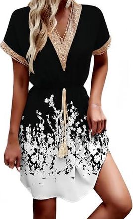 Ocean Plus Robe à manches courtes en dentelle florale avec col en V et franges et taille, Fleurs noires et blanches, XL