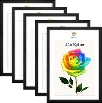 MG Design 5er Set Bilderrahmen A2 42 x 59,4 cm - Posterrahmen mit Schwarz Echtholzrahmen und bruchsicherem Acrylglas, Hoch & Quer mit stabiler Wandaufh&auml;ngung