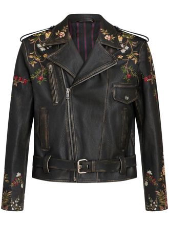 Etro veste en cuir &agrave; fleurs brod&eacute;es - Noir