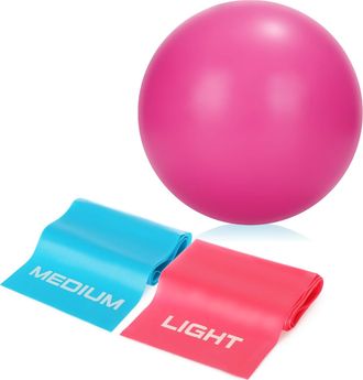 Com-Four 3-teiliges Fitness-Set - Kleiner Rutschfester Pilates Ball und 2 Therabänder für zu Hause und unterwegs - Gymnastikball und Resistance Bands für Pilat
