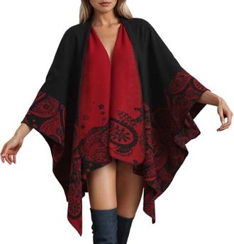 Generic Poncho Femme Hiver Chaud Chale Femme Hiver Chaud Cape Femme Effet enveloppant Cape Ouverte Devant Frange Classique Amovible Voyage Temps Frais