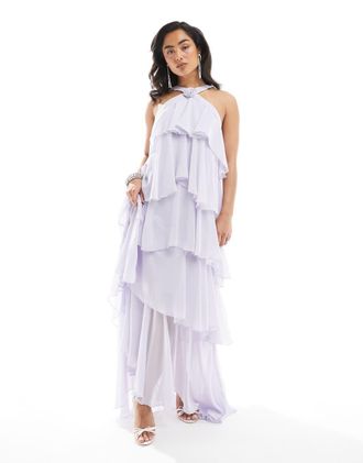 Vero Moda Felicia - Robe longue étagée avec encolure licou et grosse fleur - Lilas-Violet